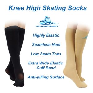 SkatingSpirit Figure Skating Socks (2 Pairs), Knee high, Extra wide cuff band non-slipping (Beige)