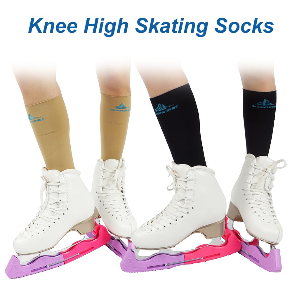 SkatingSpirit Figure Skating Socks (2 Pairs), Knee high, Extra wide cuff band non-slipping (Beige)