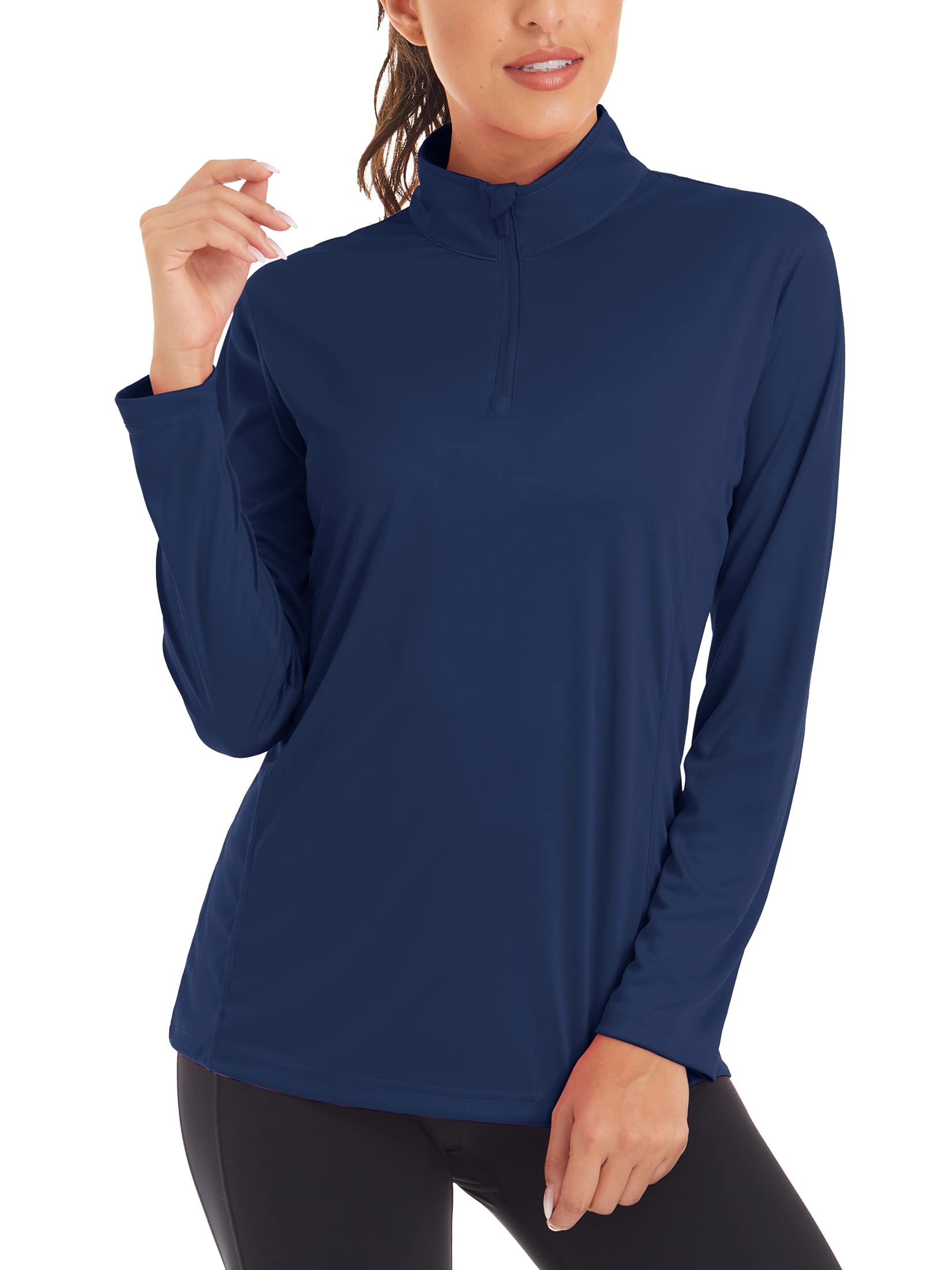 MAGCOMSEN Women's Long Sleeve Half Zip Running Shirt, Regular Fit High Neck Hiking & Golf Polyester Top - Navy