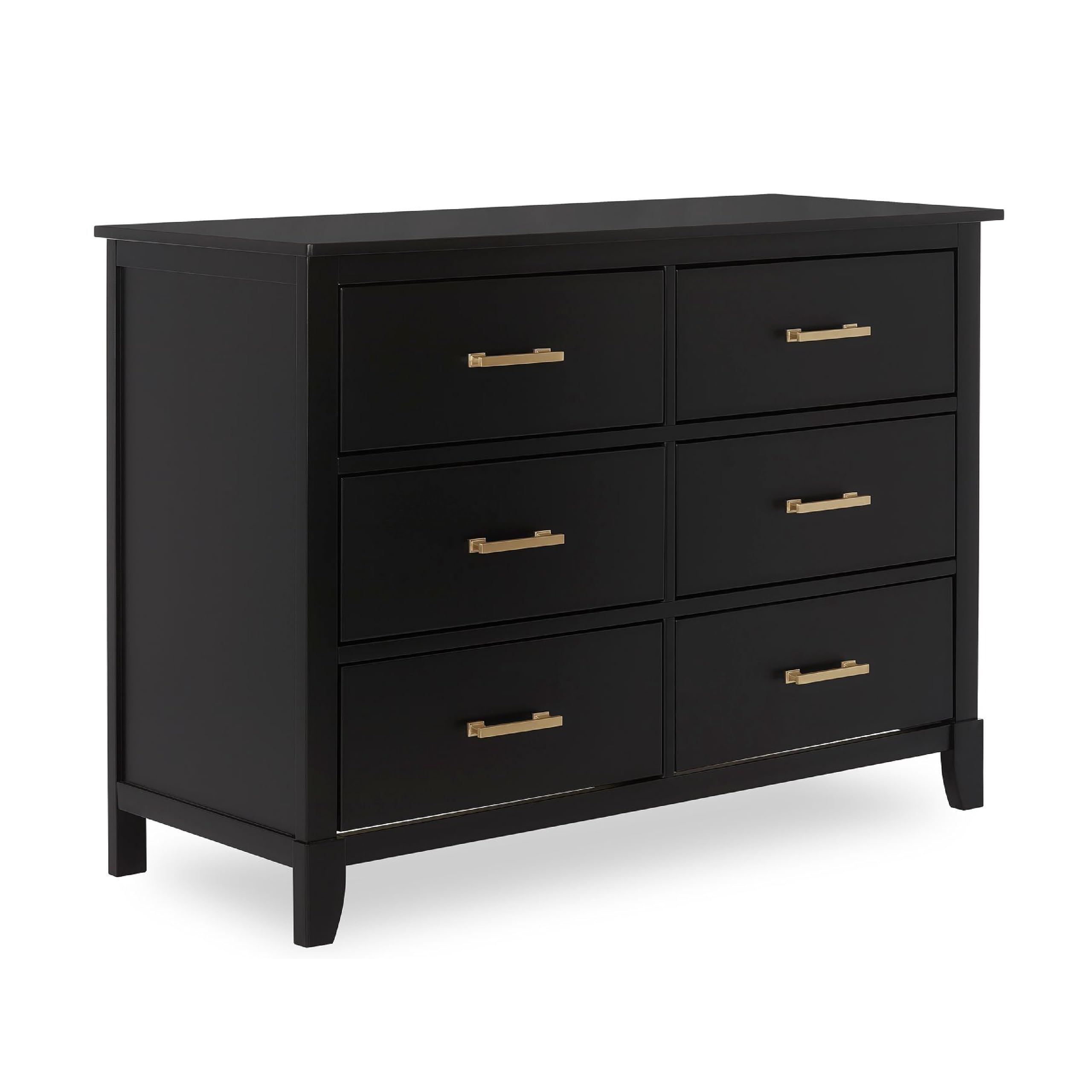 Dream On Me Universal Double Dresser in Black W Gold, Kids Bedroom Dresser, Six Drawers, Mid-Century Modern, Made of Solid Pinewood, Easy Assembly