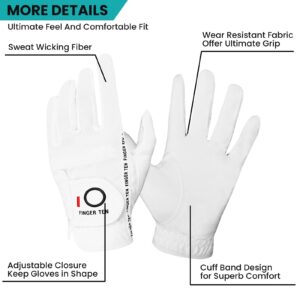 FINGER TEN Men’s Golf Glove Left Hand Rain Grip Pack, Durable Fit for Hot Wet All Weather (White, M/Large)