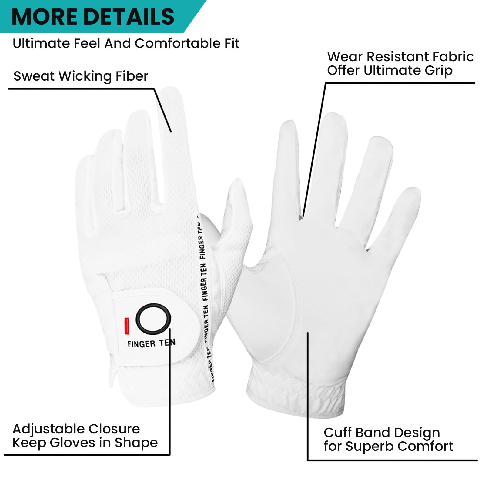 FINGER TEN Men’s Golf Glove Left Hand Rain Grip Pack, Durable Fit for Hot Wet All Weather (White, Small)