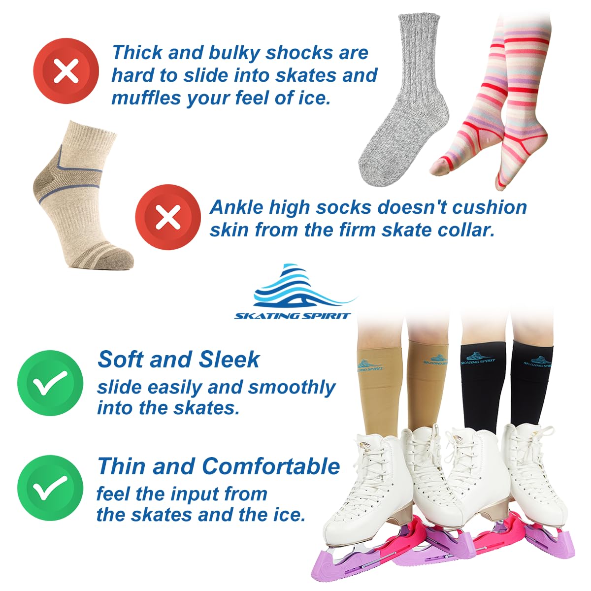 SkatingSpirit Figure Skating Socks (2 Pairs), Knee high, Extra wide cuff band non-slipping (Beige)