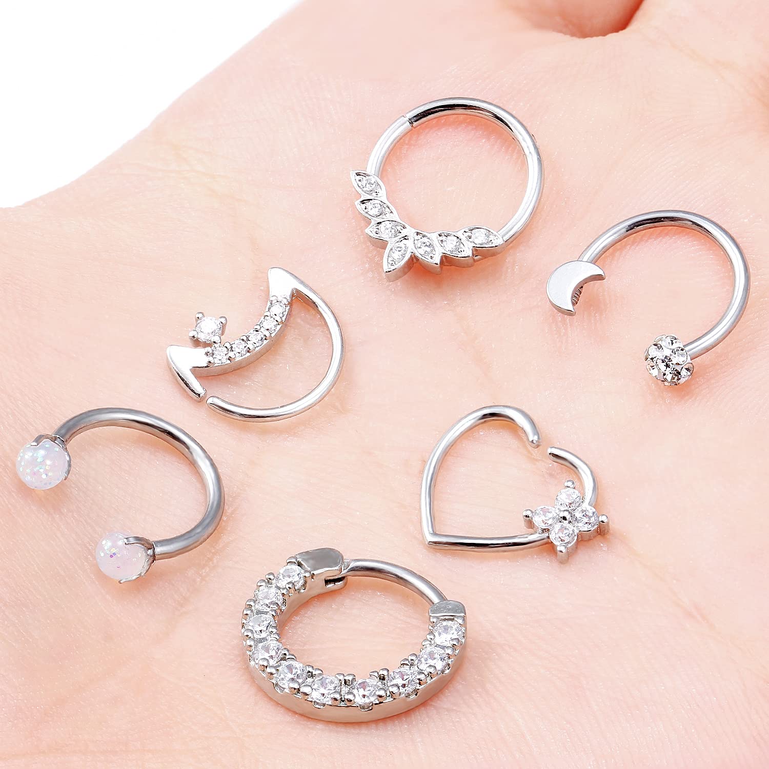 Ftovosyo Left Ear Daith Earrings 16G Heart Moon Daith Piercing Jewelry for Women Stainless Steel Cartilage Forward Helix Tragus Piercing Jewelry Plated CZ Hinged Septum Clicker Rings