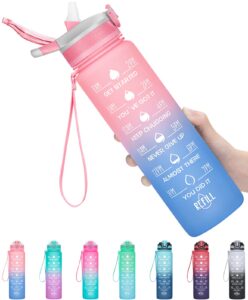 32oz motivational fitness sports water bottle with straw & time maker, bpa-free, tritan plastic, leak-proof ensure you stay hydrated throughout the day for gym, outdoor sports (omber: rose serenity)