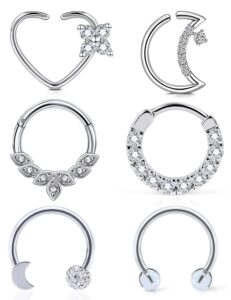 ftovosyo left ear daith earrings 16g heart moon daith piercing jewelry for women stainless steel cartilage forward helix tragus piercing jewelry plated cz hinged septum clicker rings