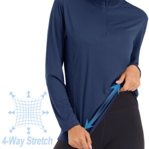 MAGCOMSEN Women's Long Sleeve Half Zip Running Shirt, Regular Fit High Neck Hiking & Golf Polyester Top - Navy