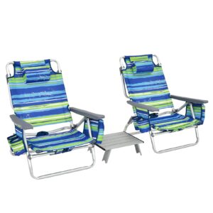 goplus backpack beach chairs, 3 pcs portable camping chairs with cool bag and cup holder, 5-position outdoor reclining chairs for sunbathing, fishing, travelling (blue+green, with side table)