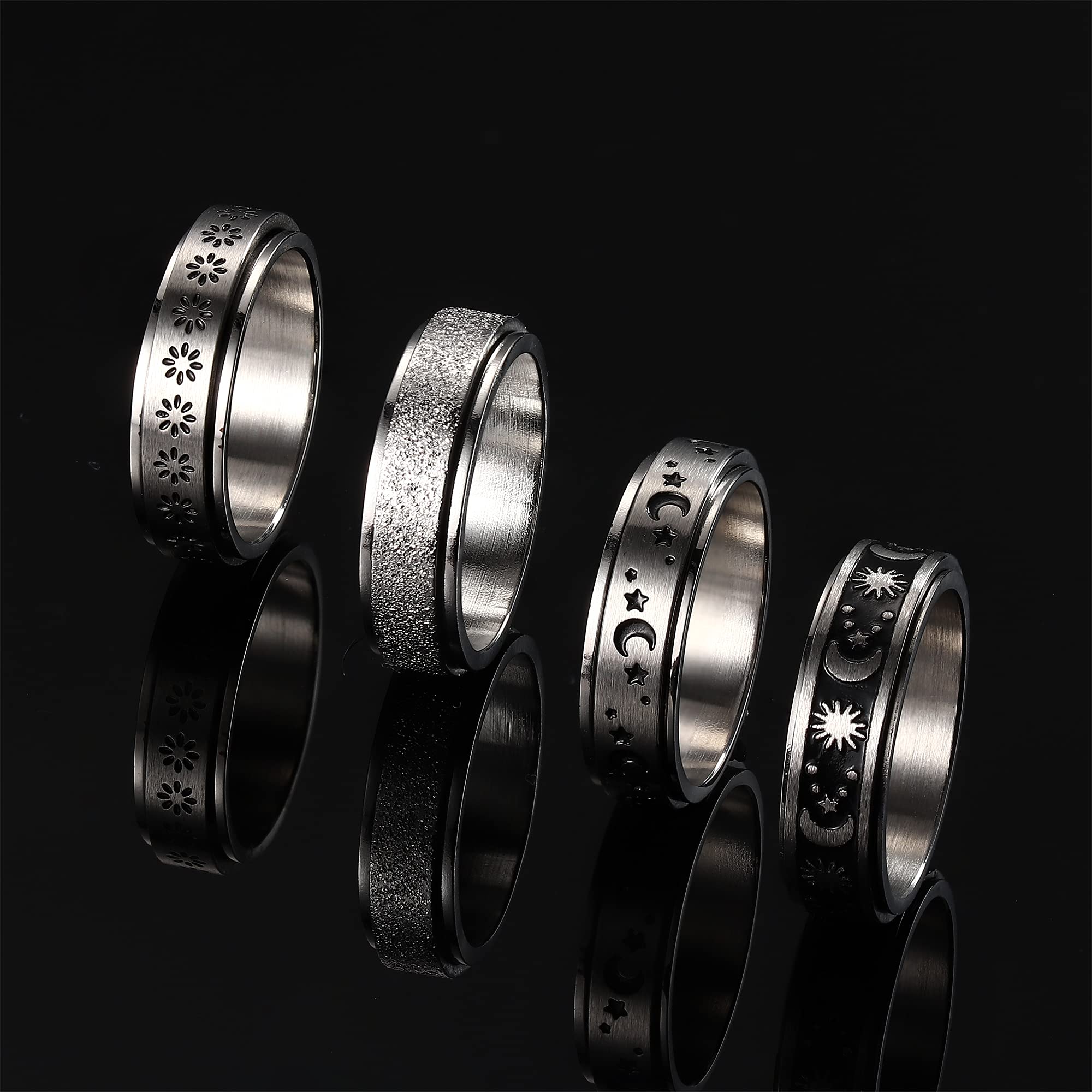 FIBO STEEL Stainless Steel Spinner Ring for Women Men Fidget Band Rings Flower Ring Set for Stress Relieving Wedding Promise Size 7