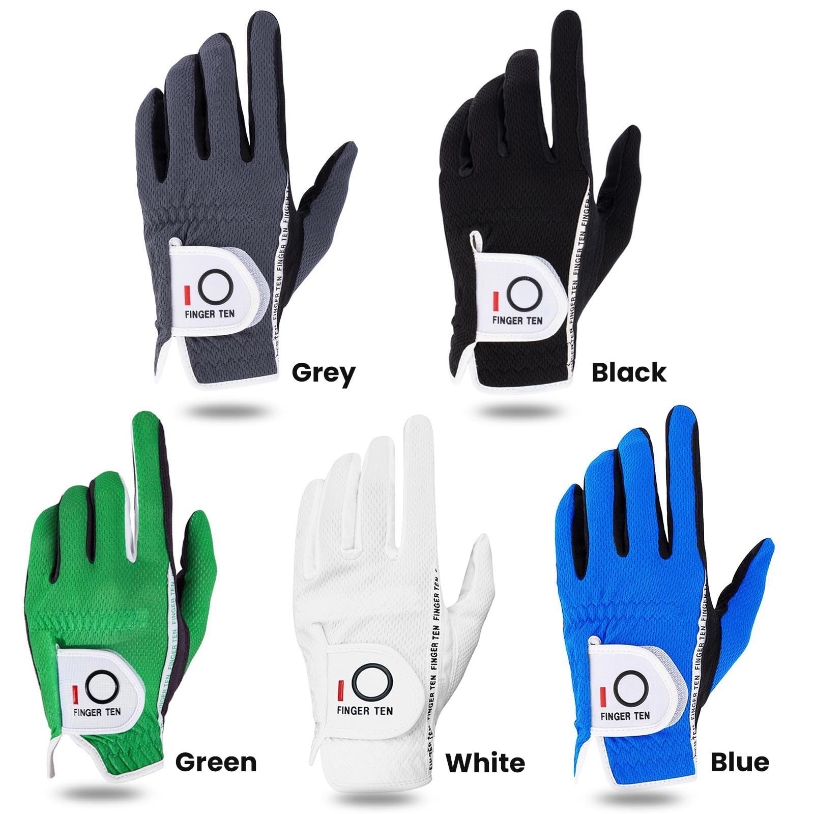 FINGER TEN Men’s Golf Glove Left Hand Rain Grip Pack, Durable Fit for Hot Wet All Weather (White, Small)