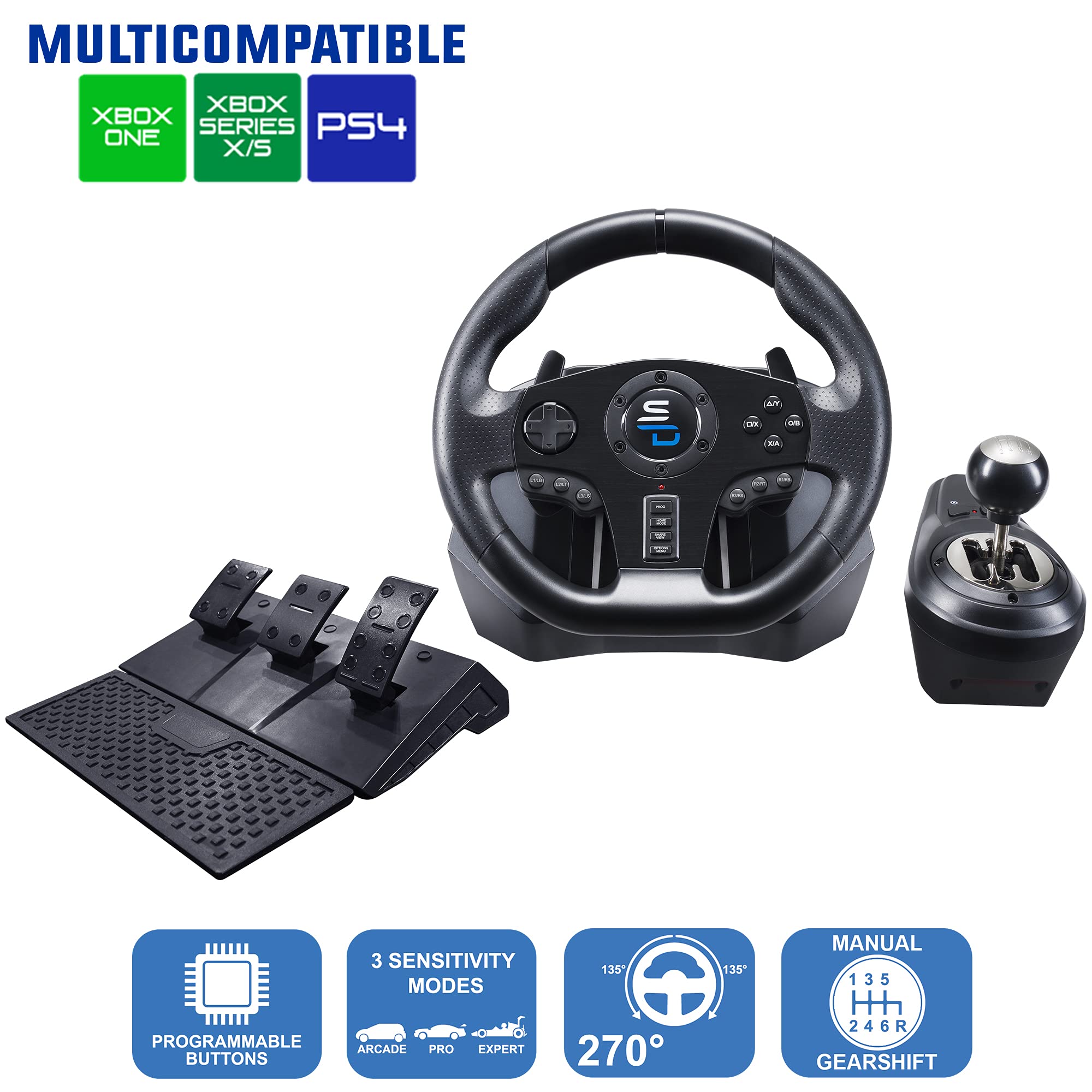 Superdrive - GS850-X racing steering wheel with manual shifter, 3 pedals, paddle shifters for Xbox Serie X/S, PS4, Xbox One, (programmable)