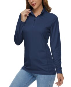 magcomsen women's long sleeve half zip running shirt, regular fit high neck hiking & golf polyester top - navy