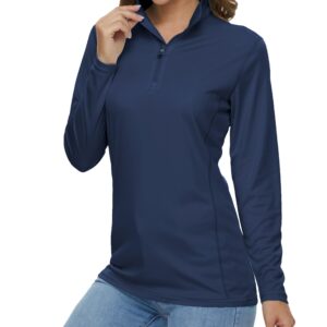 MAGCOMSEN Women's Long Sleeve Half Zip Running Shirt, Regular Fit High Neck Hiking & Golf Polyester Top - Navy