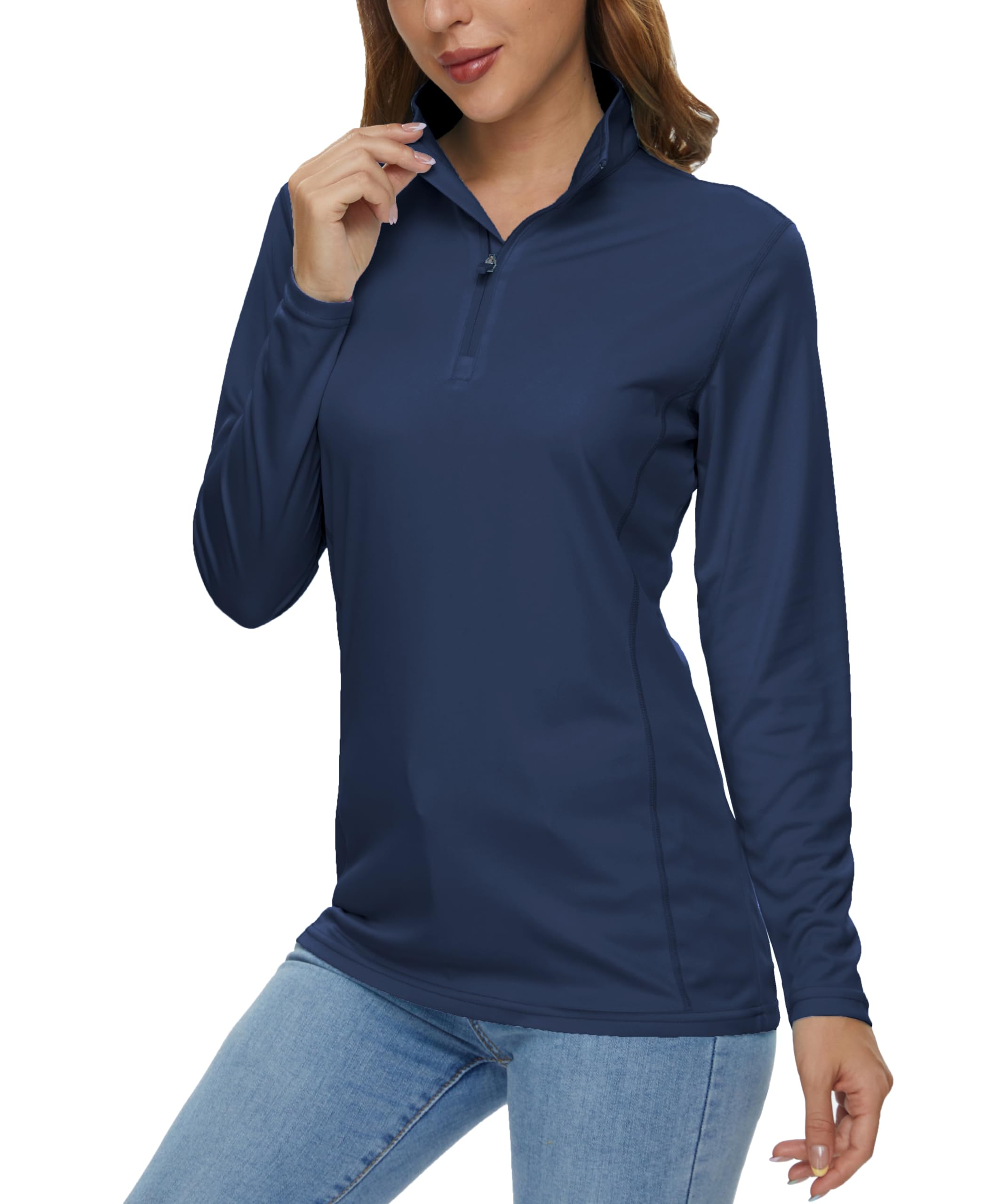 MAGCOMSEN Women's Long Sleeve Half Zip Running Shirt, Regular Fit High Neck Hiking & Golf Polyester Top - Navy