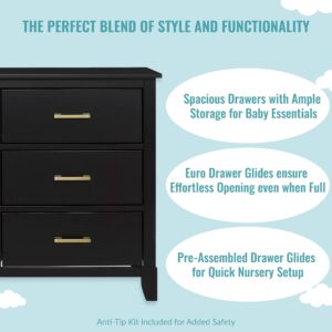 Dream On Me Universal Double Dresser in Black W Gold, Kids Bedroom Dresser, Six Drawers, Mid-Century Modern, Made of Solid Pinewood, Easy Assembly