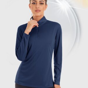 MAGCOMSEN Women's Long Sleeve Half Zip Running Shirt, Regular Fit High Neck Hiking & Golf Polyester Top - Navy