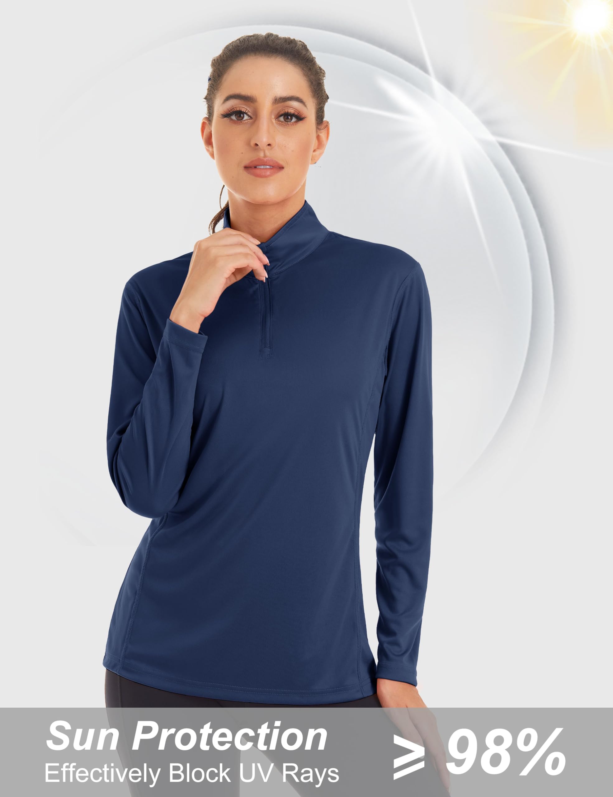 MAGCOMSEN Women's Long Sleeve Half Zip Running Shirt, Regular Fit High Neck Hiking & Golf Polyester Top - Navy