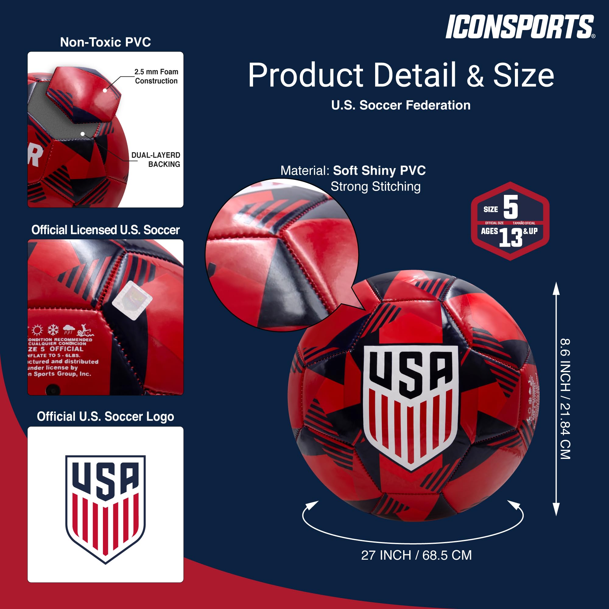 Icon Sports Official Licensed U.S. Soccer Regulation Sized Soccer Ball | Red Prism