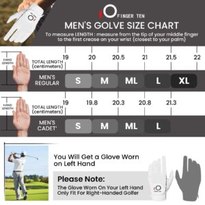 FINGER TEN Men’s Golf Glove Left Hand Rain Grip Pack, Durable Fit for Hot Wet All Weather (White, M/Large)