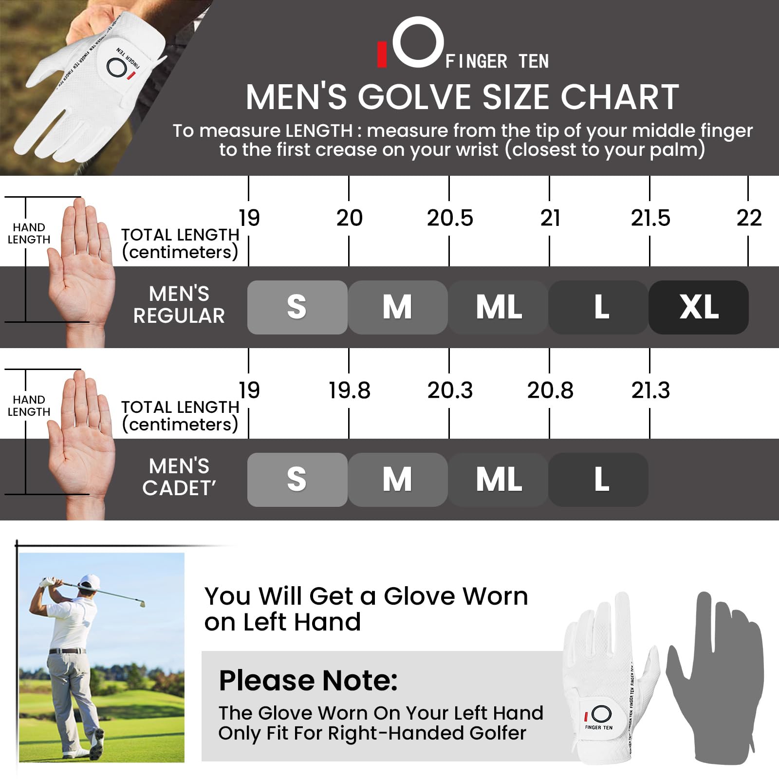 FINGER TEN Men’s Golf Glove Left Hand Rain Grip Pack, Durable Fit for Hot Wet All Weather (White, Small)