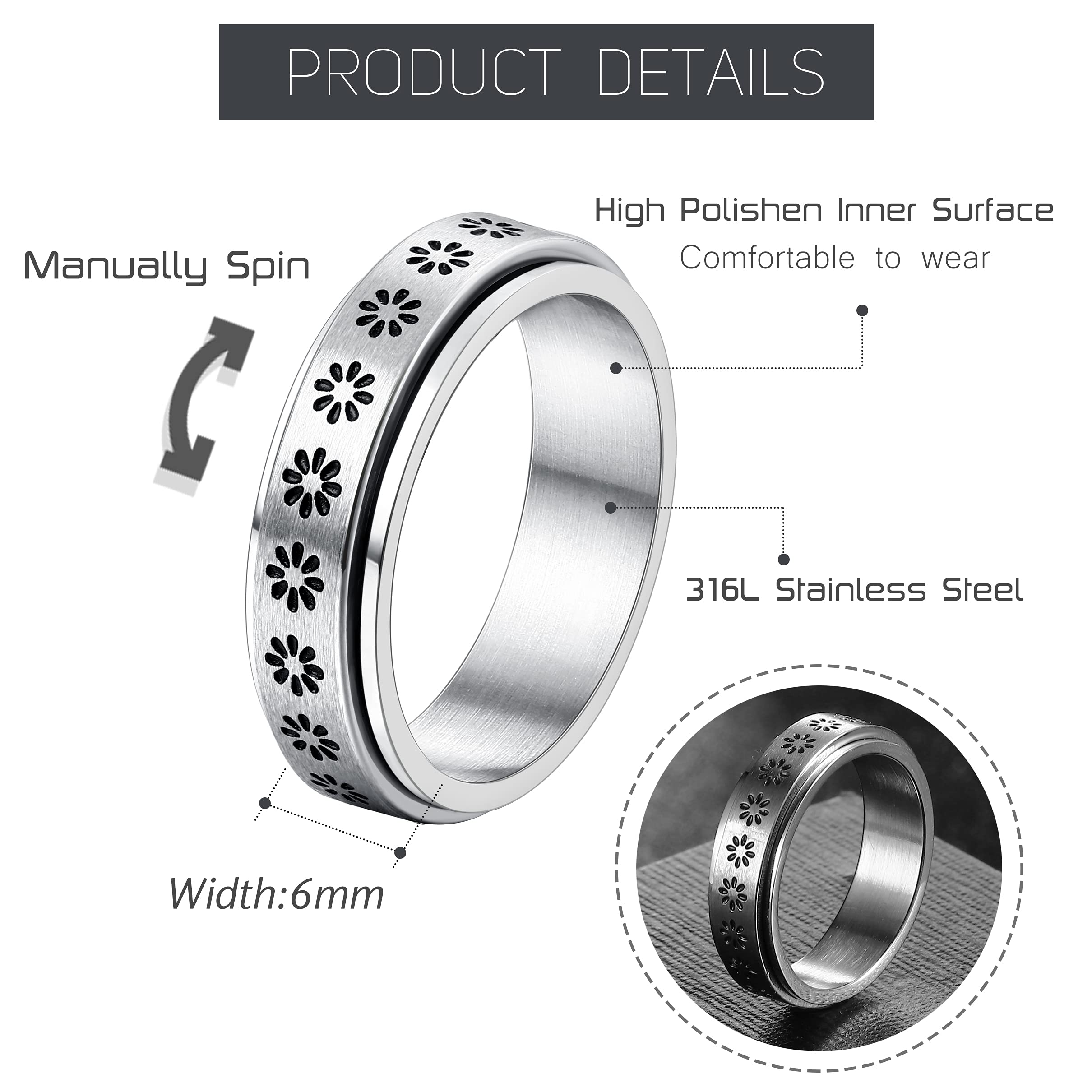 FIBO STEEL Stainless Steel Spinner Ring for Women Men Fidget Band Rings Flower Ring Set for Stress Relieving Wedding Promise Size 7