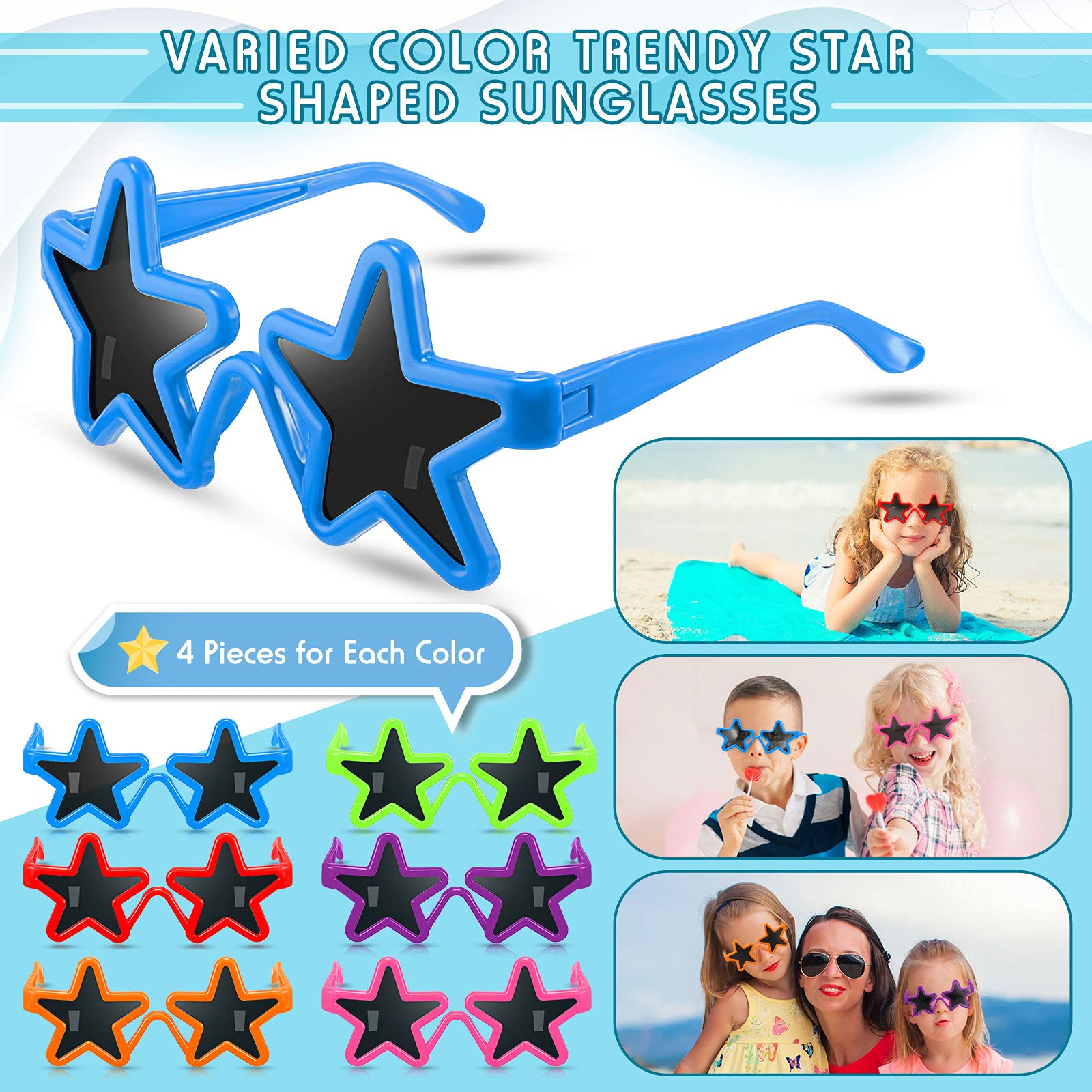 Frienda 24 Pairs Kids Star Sunglasses Neon Star Sunglasses Star Glasses for Summer Beach Pool Birthday Party Favors(Multicolor)