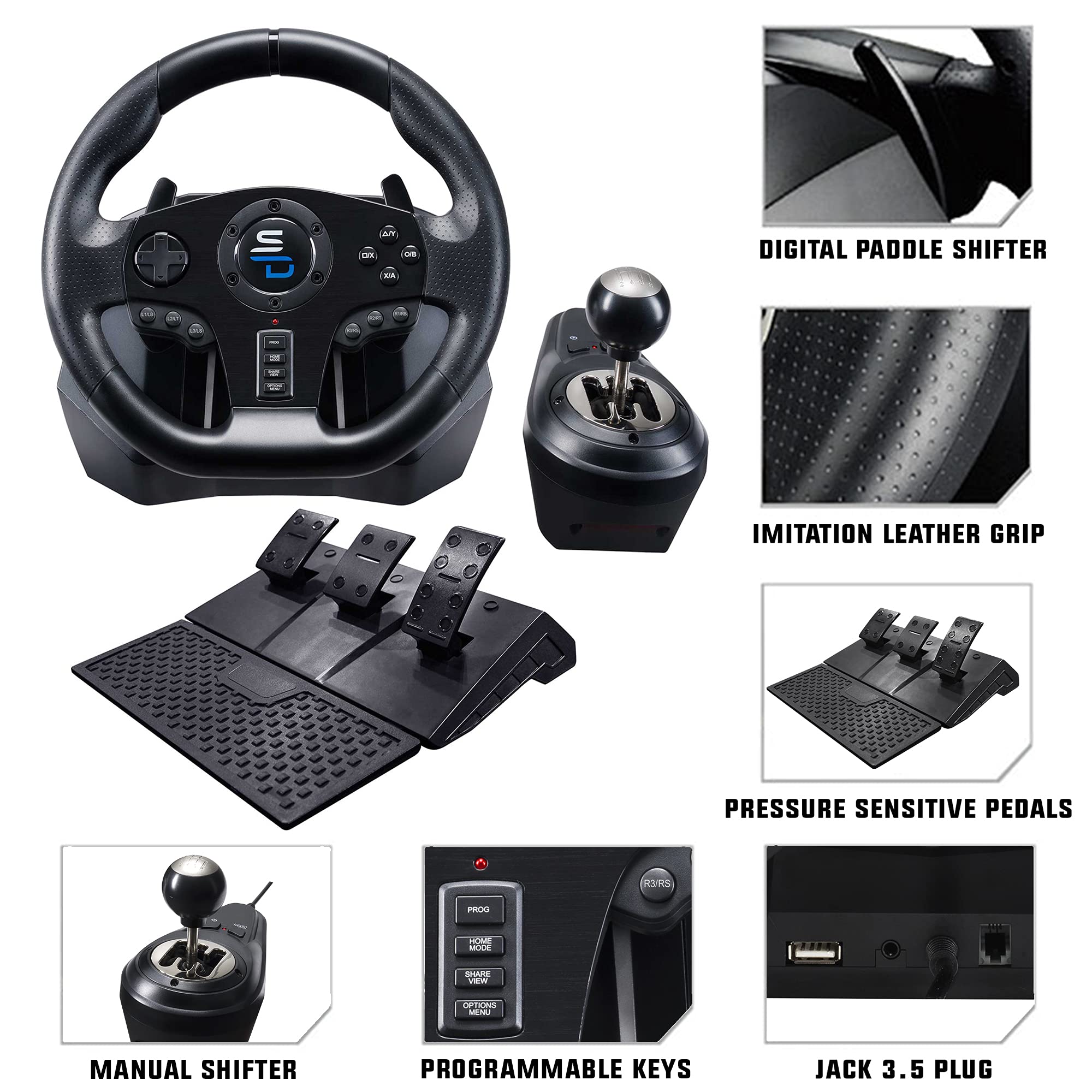 Superdrive - GS850-X racing steering wheel with manual shifter, 3 pedals, paddle shifters for Xbox Serie X/S, PS4, Xbox One, (programmable)