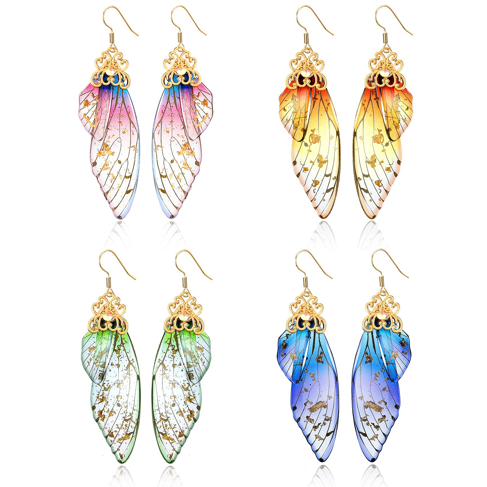 Jadive Butterfly Wing Drop Earrings, 4 Pairs, Multicolored, Dangle, Epoxy and Alloy, Women's Wedding Jewelry