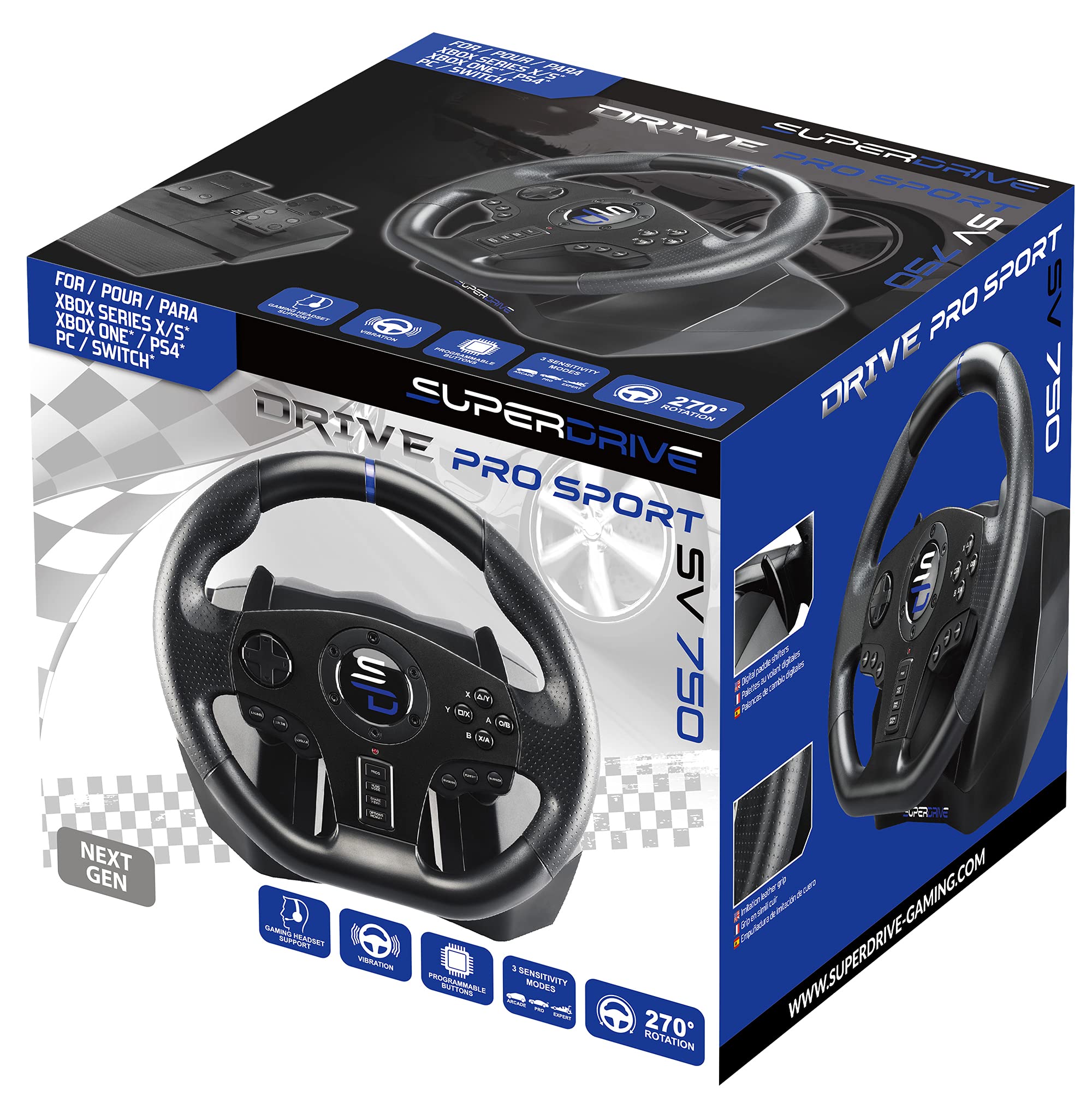 Superdrive - SV750 racing steering wheel with pedals, paddles and vibration - Xbox Serie X/S, PS4, Xbox One, Switch, PC, PS3 (programmable for all games)