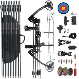 pandarus compound bow draw weight 0-70 lbs for pull beginner and intermediate archer fully adjustable 19.25"-31" with all accessories, up to ibo 320 fps new 2024(black right handed bag)