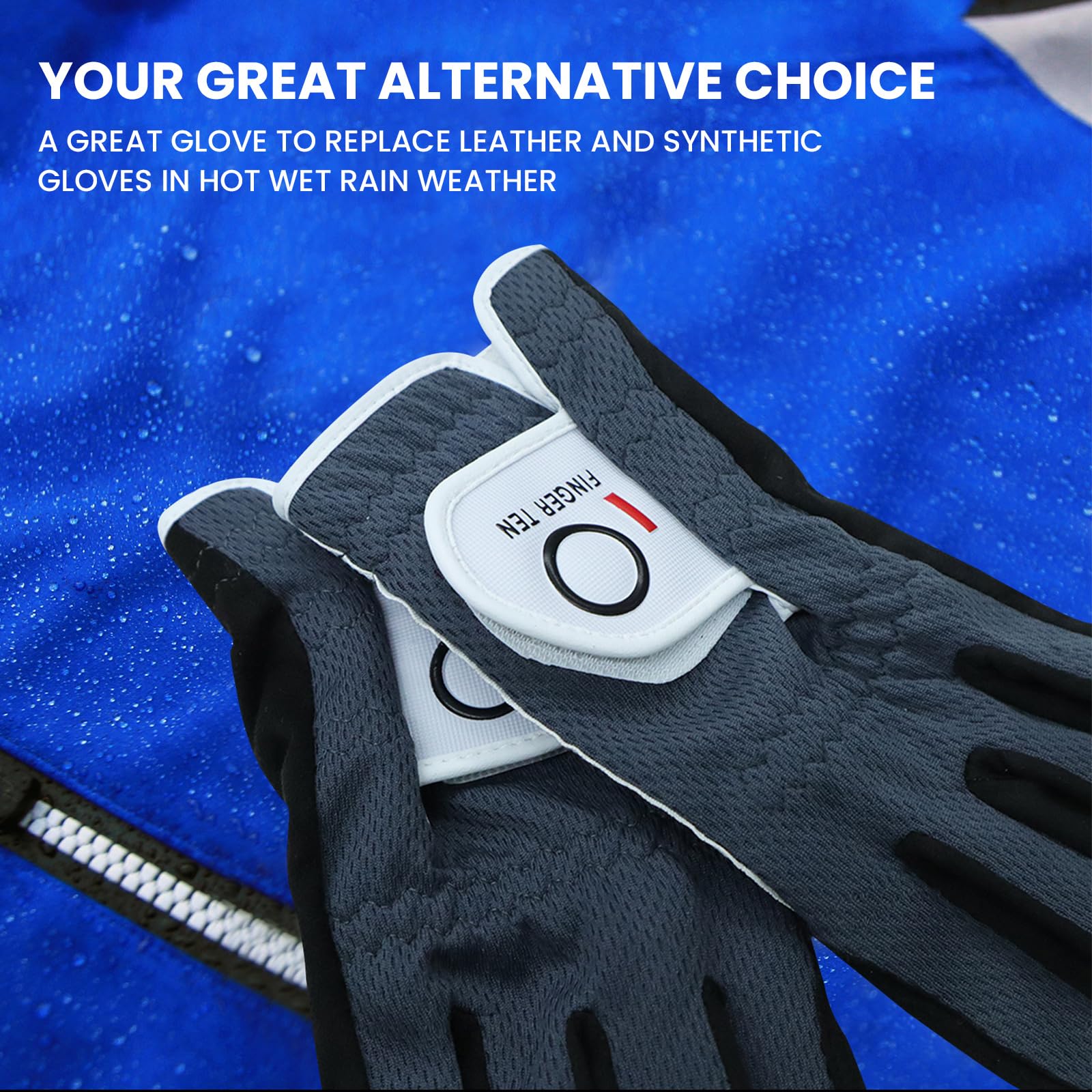 FINGER TEN Men’s Golf Glove Rain Grip Black Grey Pack, Durable Fit for Hot Wet All Weather, Left Hand Size Small Medium Large XL (White, Medium)