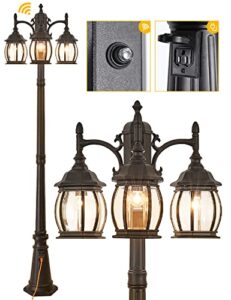 cmrcozira dusk to dawn vintage outdoor post light 82.7"h 3-headed lamp post with outlet ip65 waterproof street lantern 3 light black clear glass outdoor lamp post lights e26 outdoor street light yard