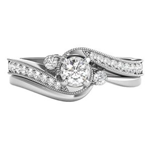 1 1/2 ct round shape sparkling white cubic zirconia bypass wedding engagement anniversary bridal ring with band in 14k white gold plated 925 sterling silver (1.50 cttw) ring size -10