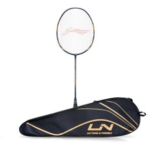 li-ning super series 900 carbon fibre strung badminton racket with full racket cover (navy/gold) | for intermediate players | 84 grams | maximum string tension - 30lbs