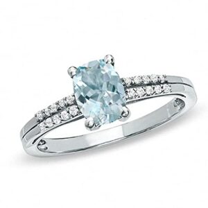 tirafina cushion cut aquamarine with white topaz ring, style also available in lab-created gemstones and lab-created white sapphires, sterling silver band, birthstone rings for women 7x5 stone