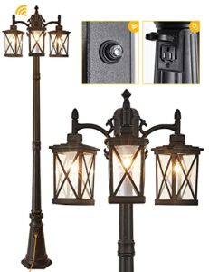 cmrcozira modern outdoor street light 82.7" h, dusk to dawn 3-head post lights, outdoor lamp post with outlet, waterproof outdoor lamp post lights, street lantern 3 light in black for exterior yard