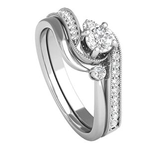 1 1/2 CT Round Shape Sparkling White Cubic Zirconia Bypass Wedding Engagement Anniversary Bridal Ring with Band in 14K White Gold Plated 925 Sterling Silver (1.50 Cttw) Ring Size -10