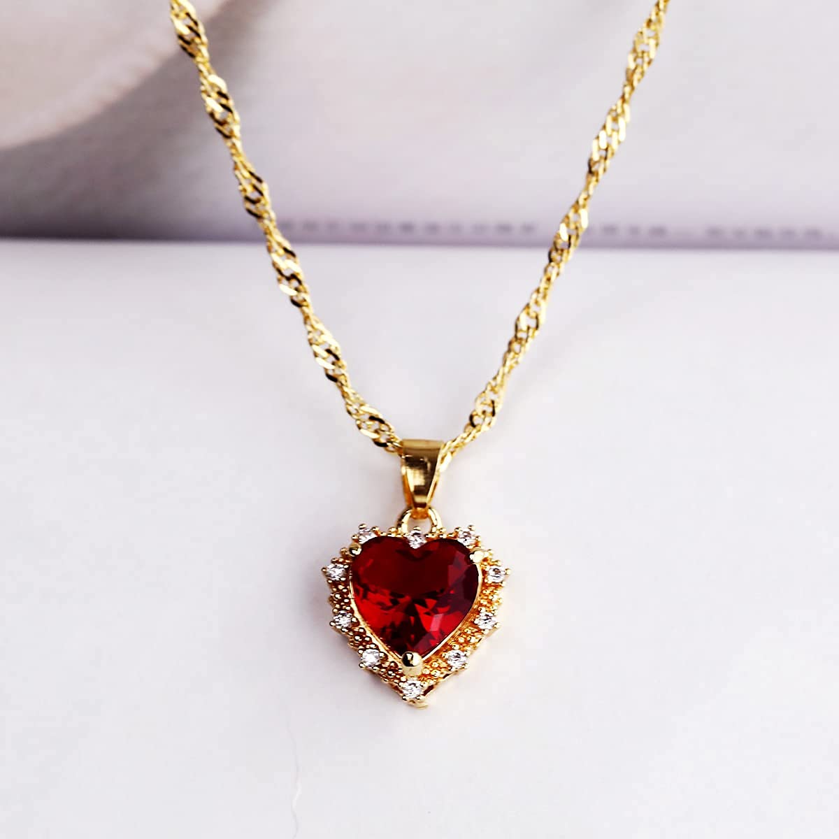 MISS RIGHT Crystal Love Heart Necklace for Women 14K Gold Plated with Birthstone Charm Pendants, Jewelry Gifts for Women, 16"+2" (Gold Plated | Ruby Red)