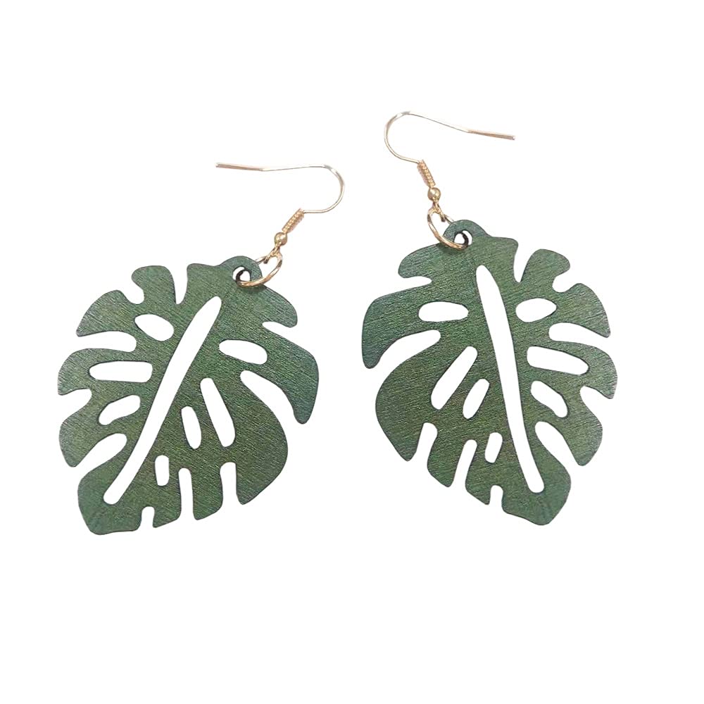 2 Pairs Natural Wooden Monstera Leaves Stud Earring for Women Tropical Plant Palm Leaf African Earrings Handmade Ethnic Jewelry-green