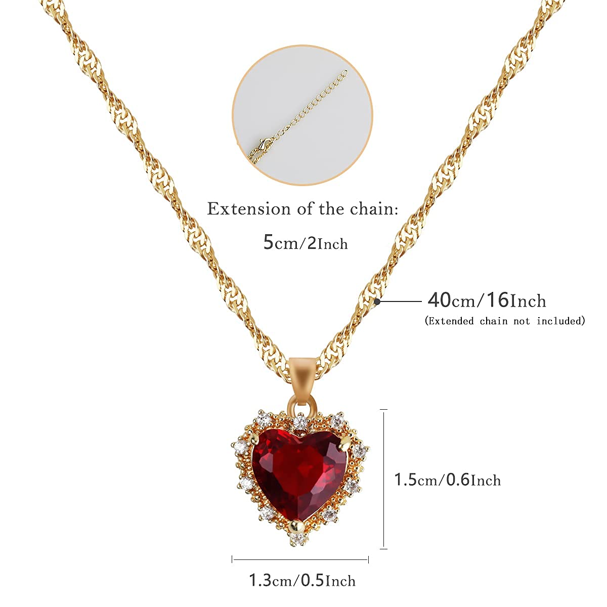 MISS RIGHT Crystal Love Heart Necklace for Women 14K Gold Plated with Birthstone Charm Pendants, Jewelry Gifts for Women, 16"+2" (Gold Plated | Ruby Red)