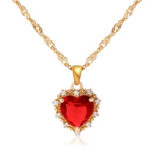 miss right crystal love heart necklace for women 14k gold plated with birthstone charm pendants, jewelry gifts for women, 16"+2" (gold plated | ruby red)