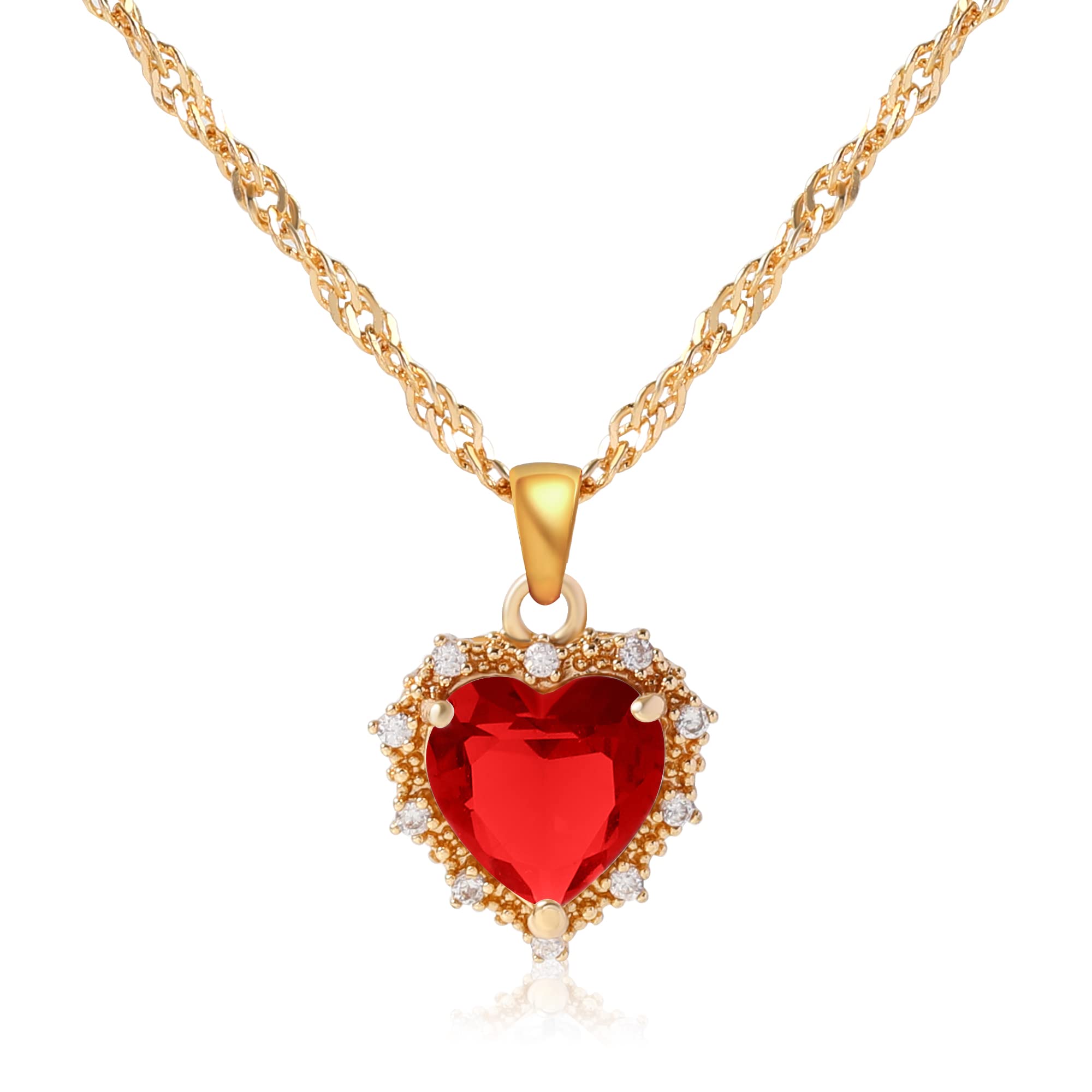 MISS RIGHT Crystal Love Heart Necklace for Women 14K Gold Plated with Birthstone Charm Pendants, Jewelry Gifts for Women, 16"+2" (Gold Plated | Ruby Red)