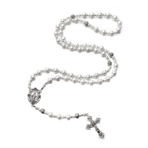 catholic pearl beads rosary for women, simulated white pearl beads rosary necklace miraculous medal & cross