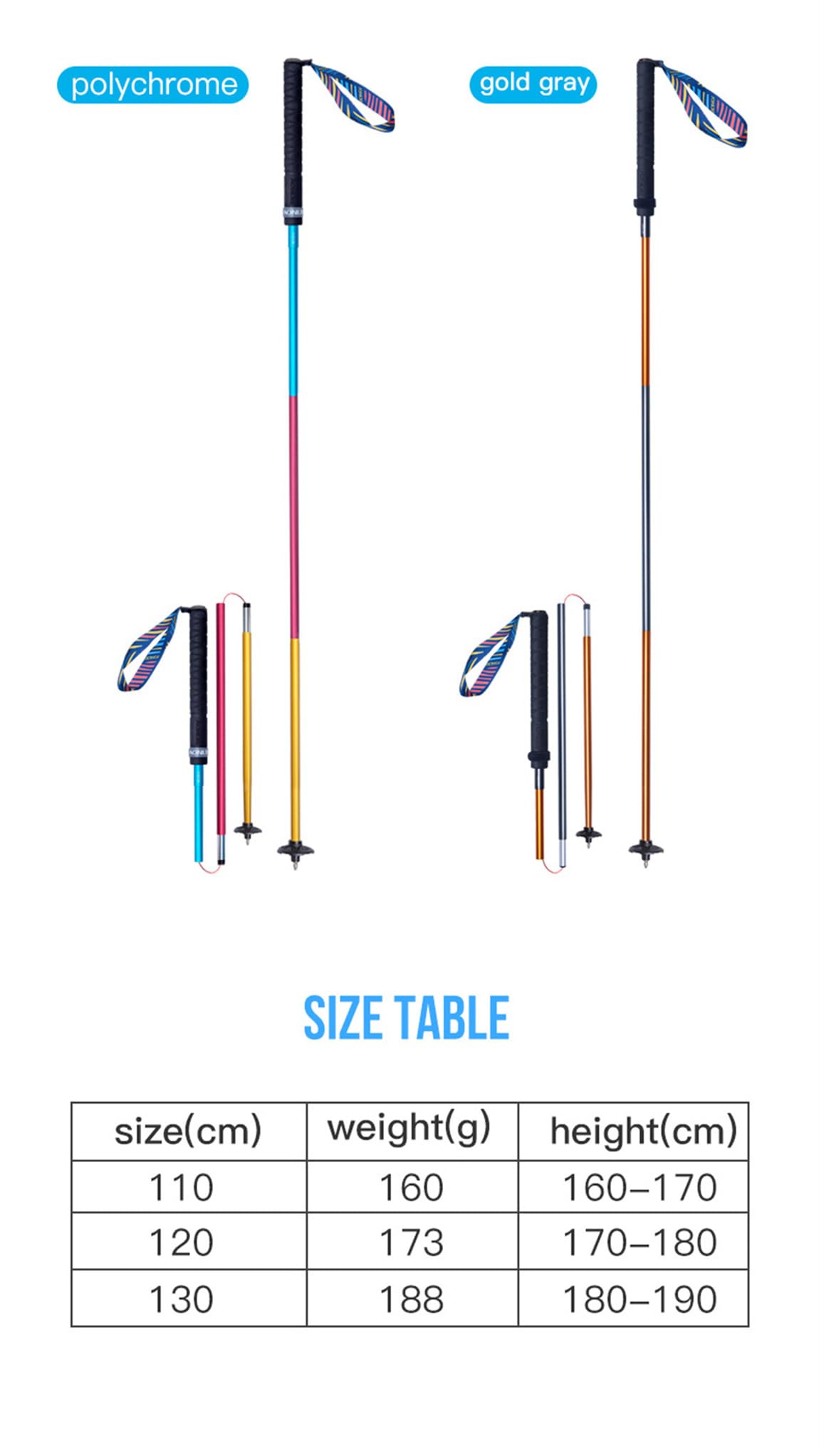 3 Section Trekking Poles Lightweight Aluminium Walking Poles Adjustable Trekking Sticks Collapsible Sticks 2pcs (Rainbow, 110cm/43.3inch)