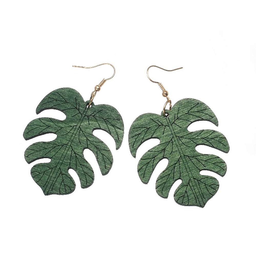 2 Pairs Natural Wooden Monstera Leaves Stud Earring for Women Tropical Plant Palm Leaf African Earrings Handmade Ethnic Jewelry-green