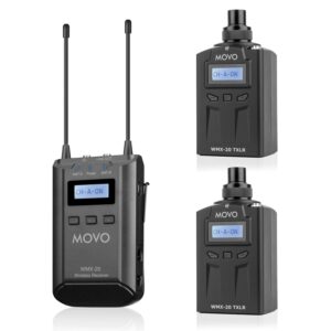 movo wmx-20-rx-txlr-duo wireless microphone system with 2 plug-on xlr transmitter adapters and portable receiver - converts shotgun mics, lavs, dynamic microphones to wireless - for stage, film