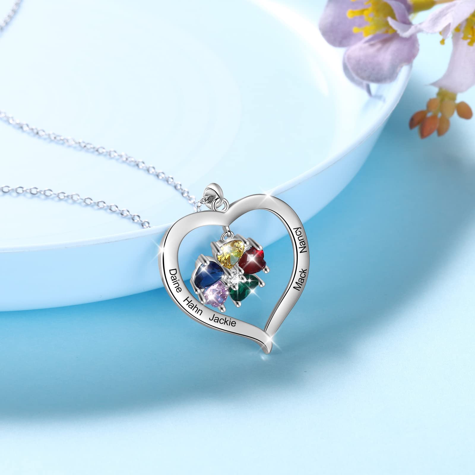 Personalized Name Necklace for Mother Daughter - Custom 1-8 Birthstone Necklace for Mothers Day Gifts - Heart Name Necklace for Women Family Mom Grandmother Necklace (5 Birthstones, Necklace-1)