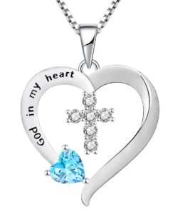 yl women's heart cross necklace 925 sterling silver created aquamarine god in my heart'' pendant crucifix jewelry