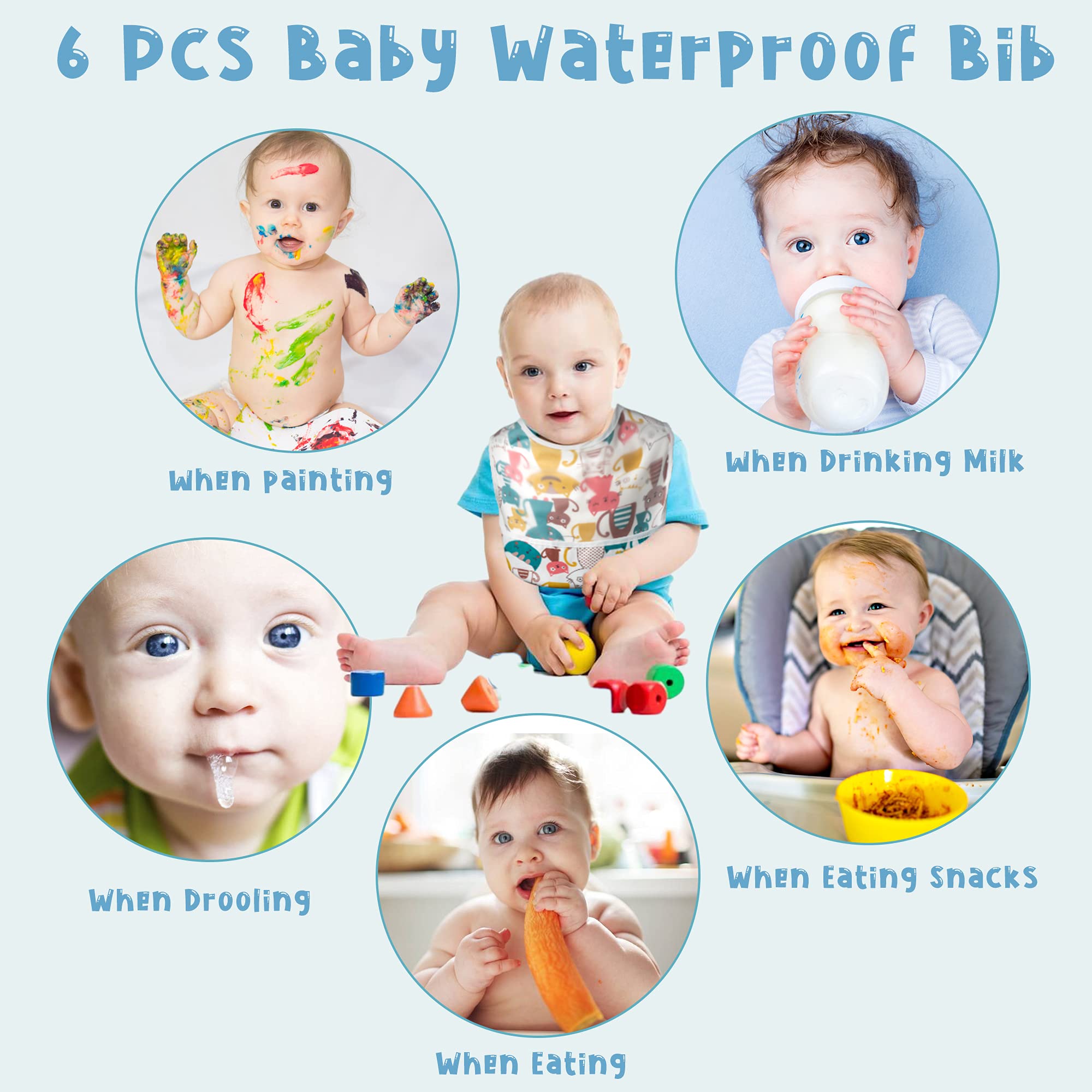 2ooya 6 Pcs Baby Feeding Bibs Toddler Waterproof Bib Set with Crumb Catcher Pocket Infant Adjustable Baby Teething Bib Babies Food Bibs Keepsake Gift for Baby Shower Christmas New Year, 6-12 Months