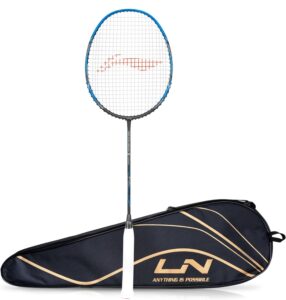 li-ning 3d calibar x combat carbon graphite badminton strung racquet (85 grams, 30 lbs string tension) and full cover (charcoal/blue)